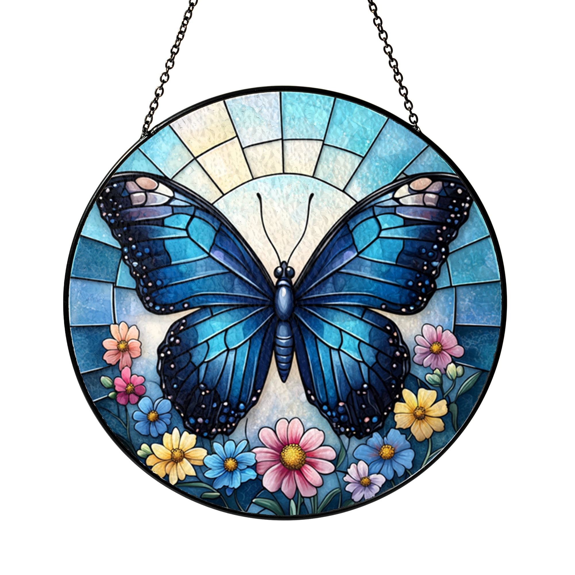 Blue Butterfly Floral Stained Glass Style Window Suncatcher, Decorative ...