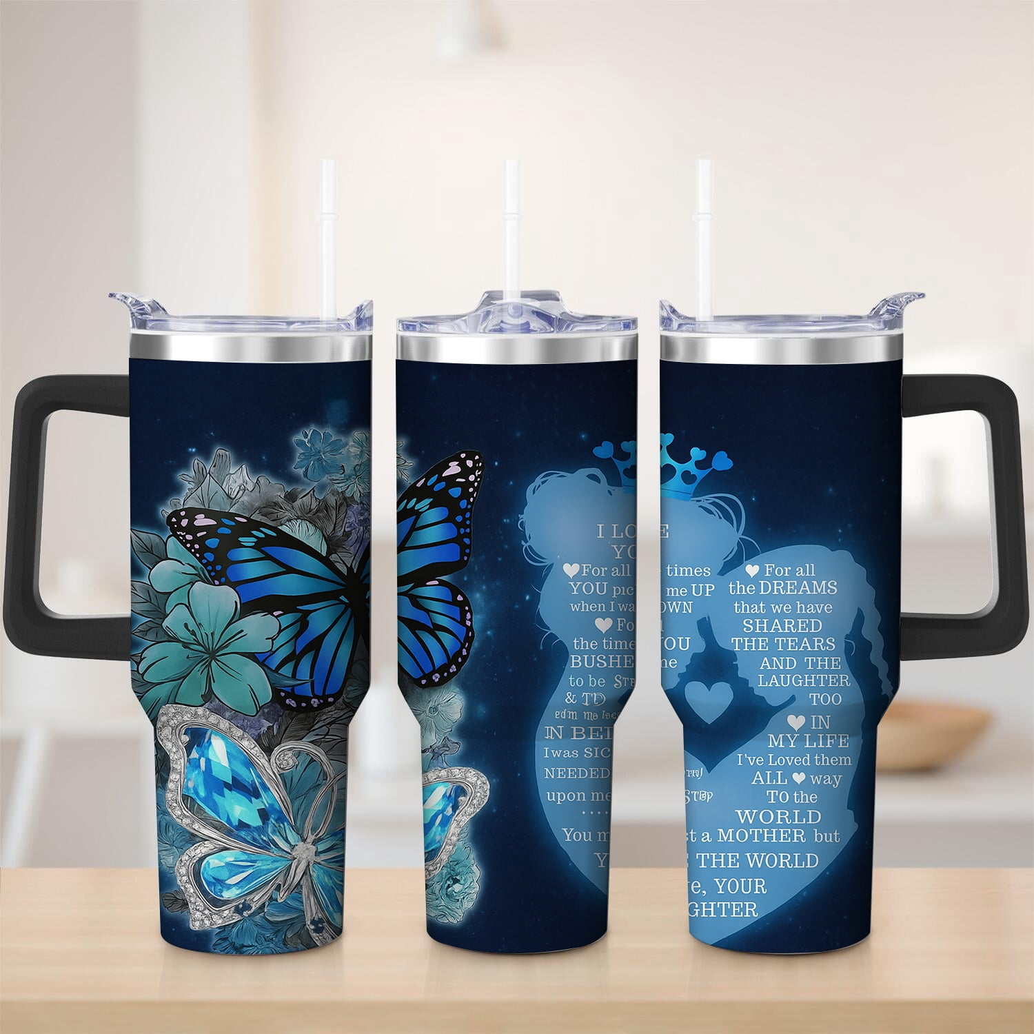 Blue Butterfly Floral Stainless Steel Insulated Mug with Lid and Handle ...