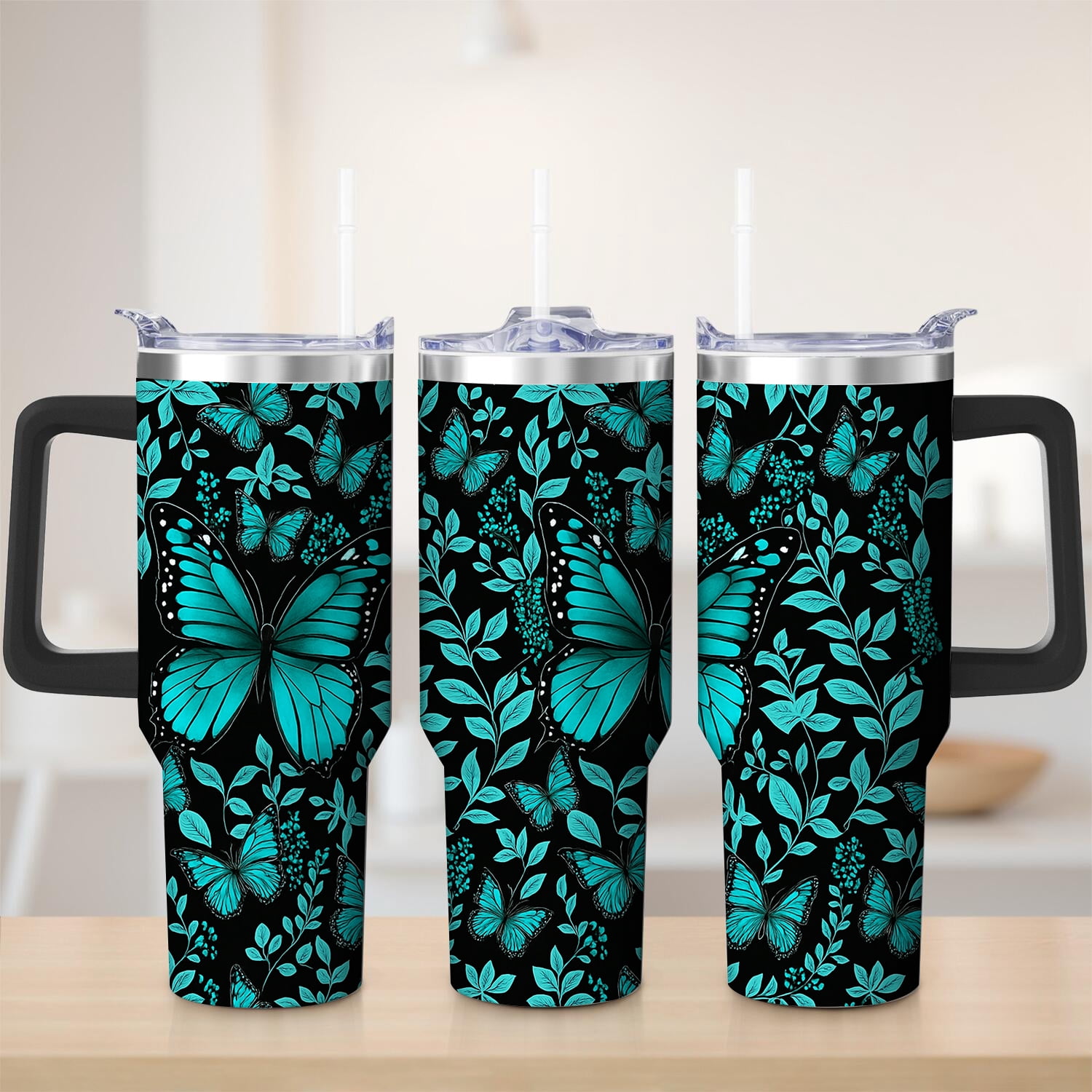 Blue Butterfly Floral Stainless Steel Insulated Mug with Lid and Handle ...