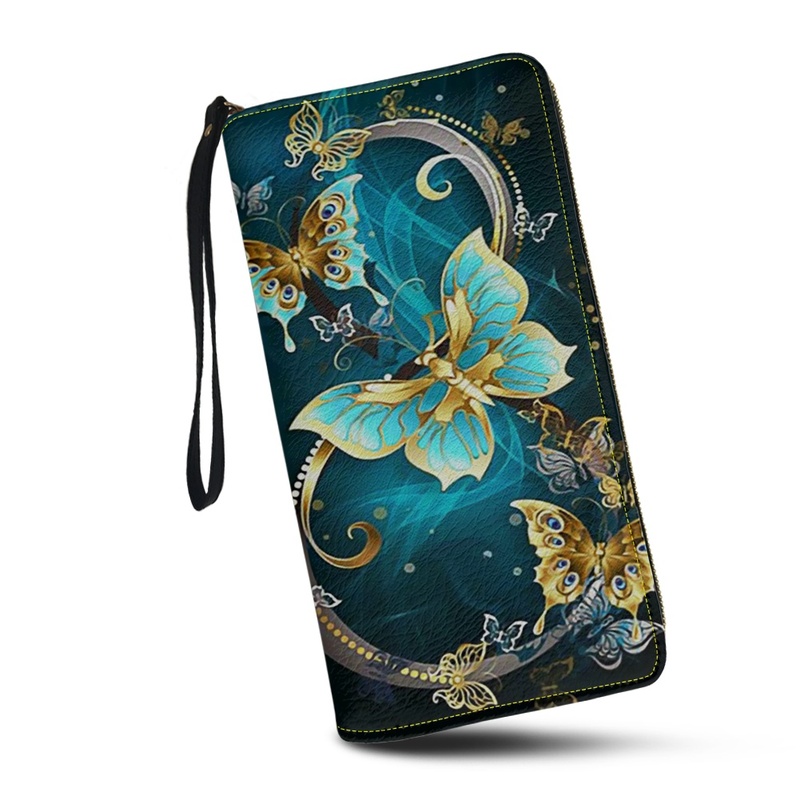 Blue Butterfly Floral Wallet for Women RFID Blocking PU Leather Zipper ...
