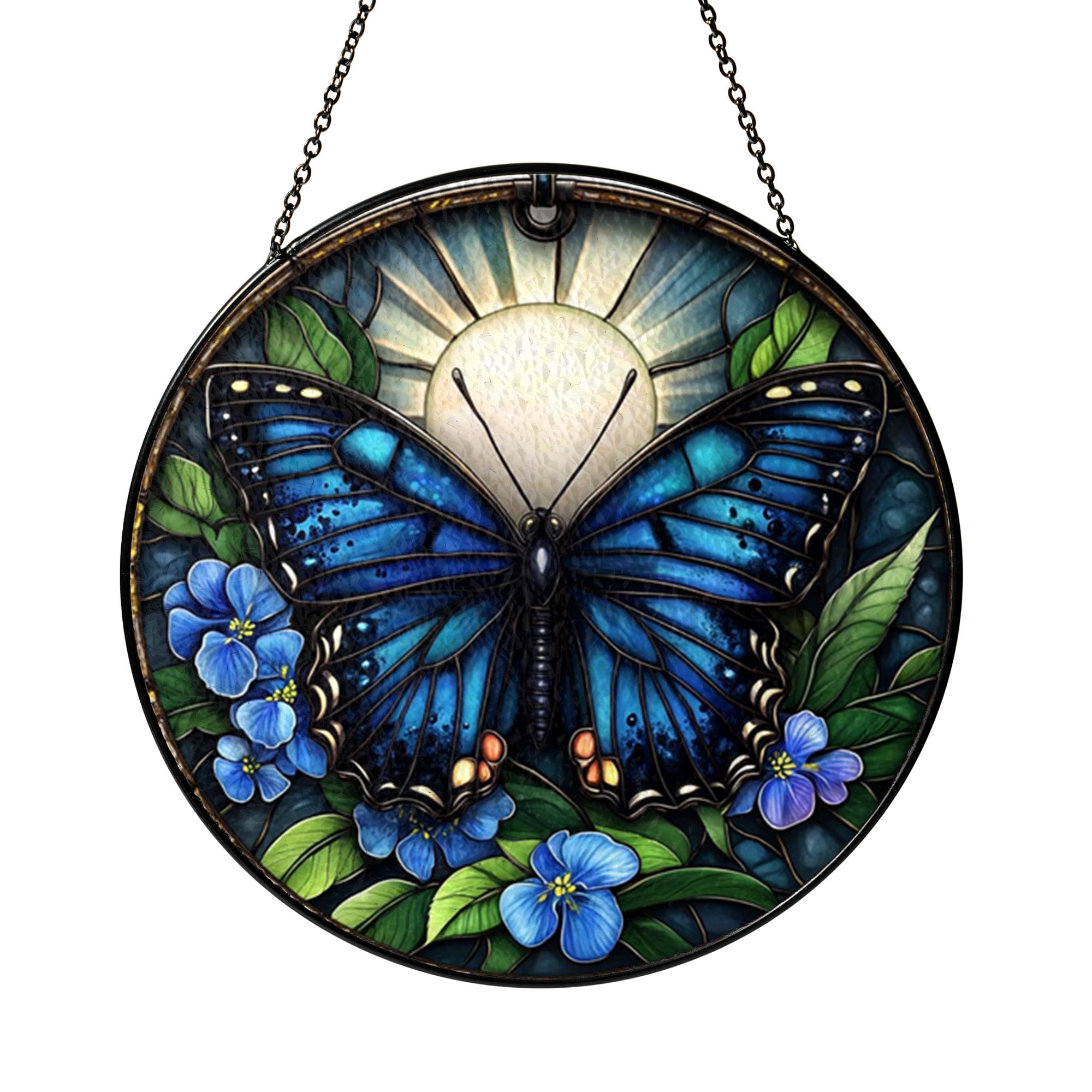 Blue Butterfly Flower Garden Stained Glass Style Window Suncatcher ...