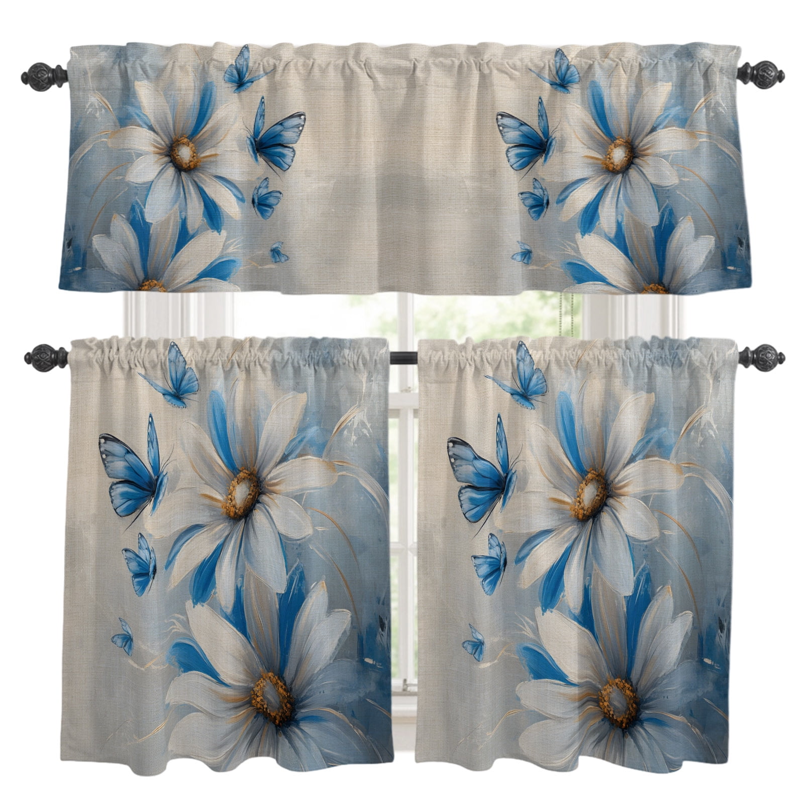 Blue Butterfly Flower Kitchen Curtains Set for Windows, Country Farm ...