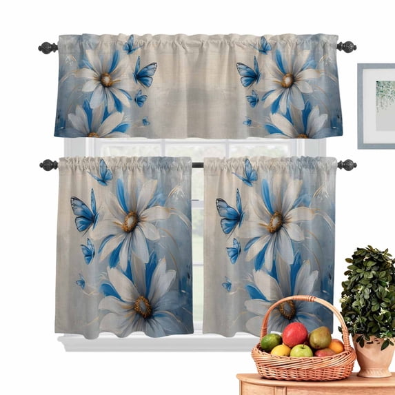 Blue Butterfly Flower Kitchen Curtains Valances 3 Piece Set, Country ...