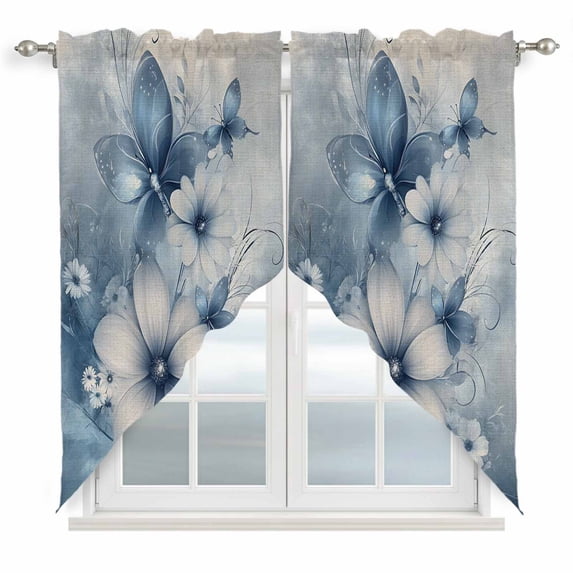 Blue Butterfly Flower Swag Curtain Valance for Window 2 Panels Country ...