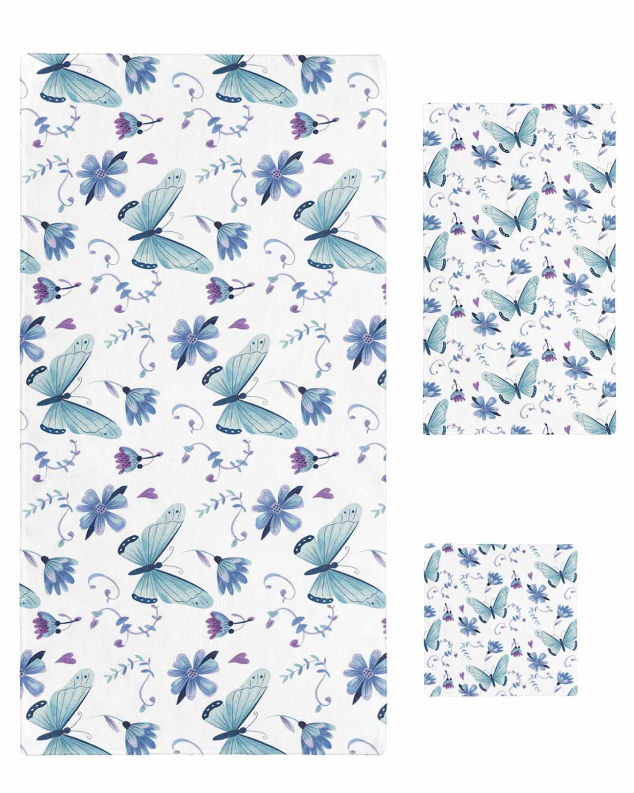 Blue Butterfly Flower Towel Set of 3, Soft Microfiber Bath Towels, Hand ...