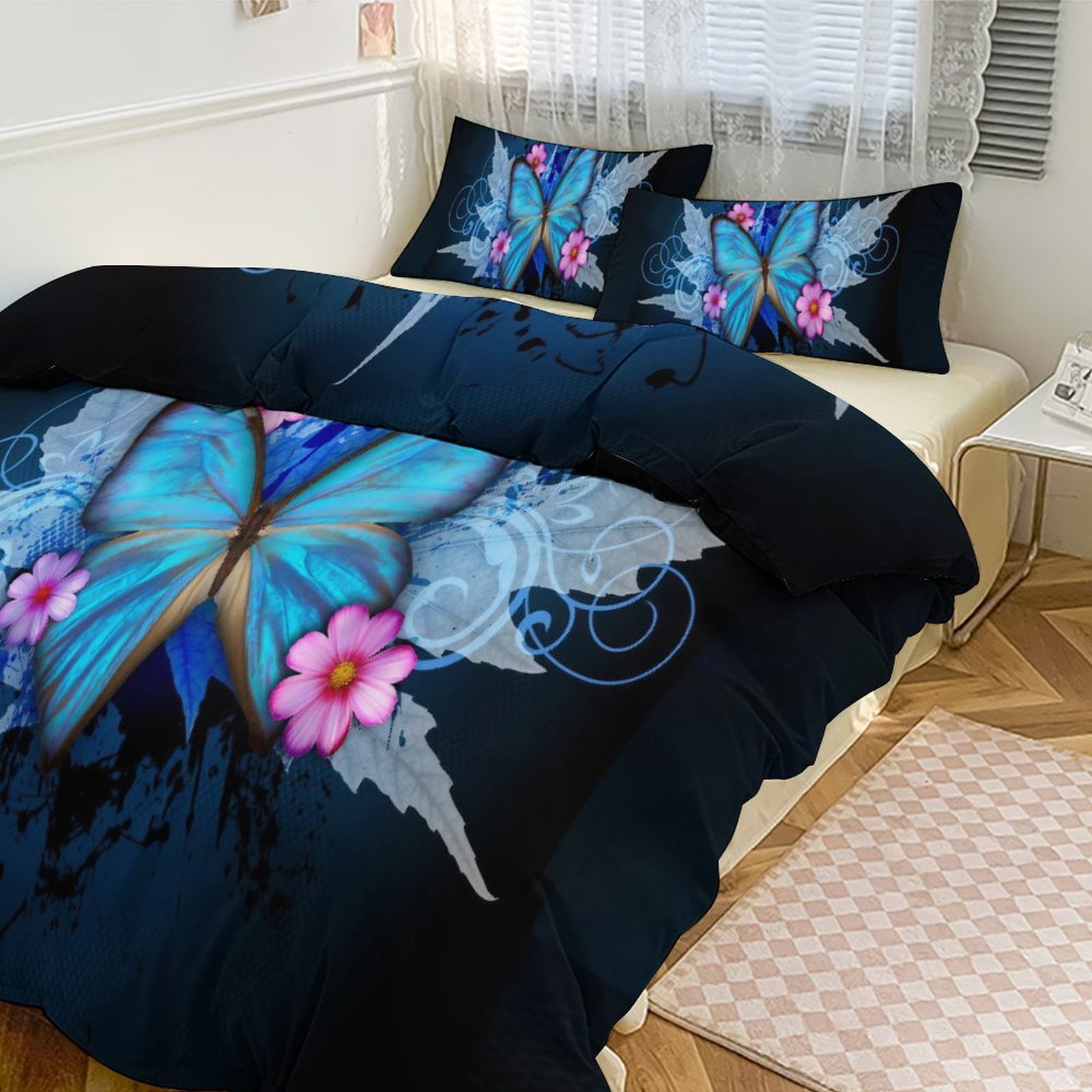 Blue Butterfly Flowers 79"x90"3 Pcs Soft Bedding Set Includes 1 Duvet ...