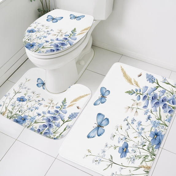 Blue Butterfly Flowers Bathroom Rugs Set Spring Floral Non Slip ...