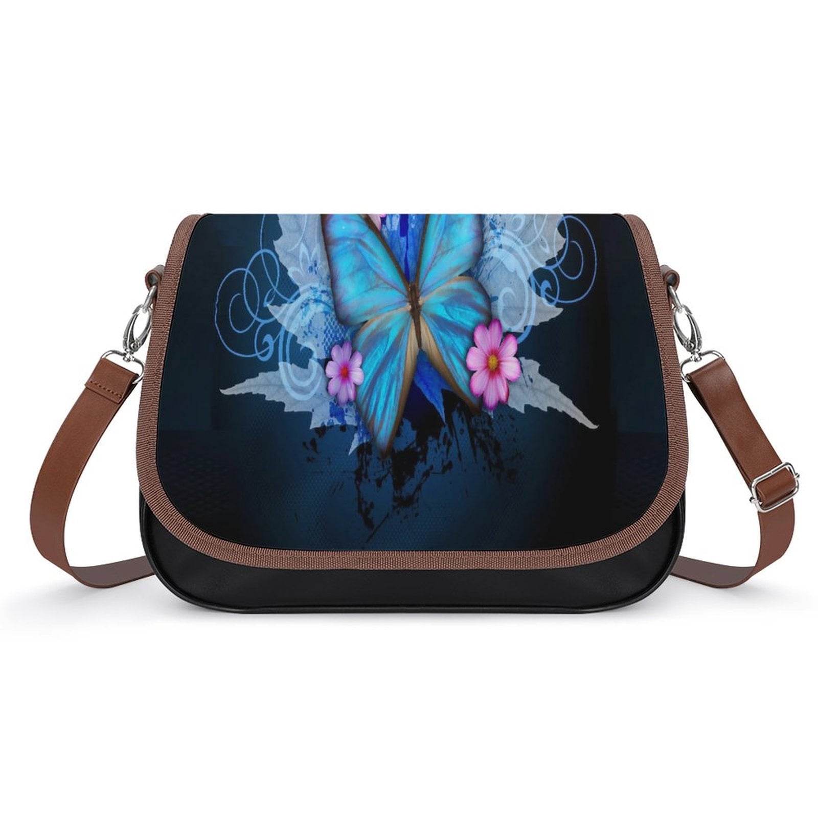 Blue Butterfly Flowers Pu Leather Shoulder Bag Essential For Daily ...
