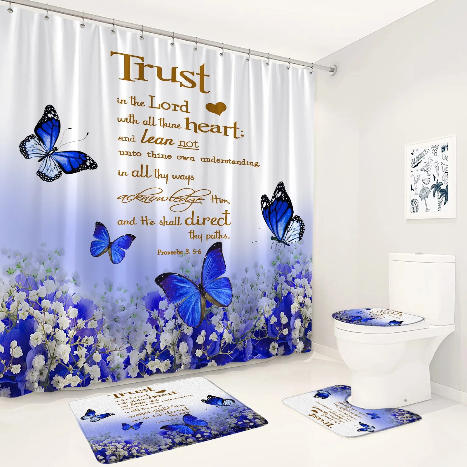 Blue Butterfly Flowers Shower Curtains Set Trust In The Lord ...