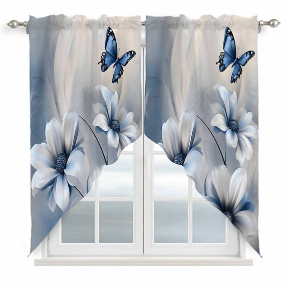 Blue Butterfly Flowers Swag Curtain Valance for Window 2 Panels Country ...