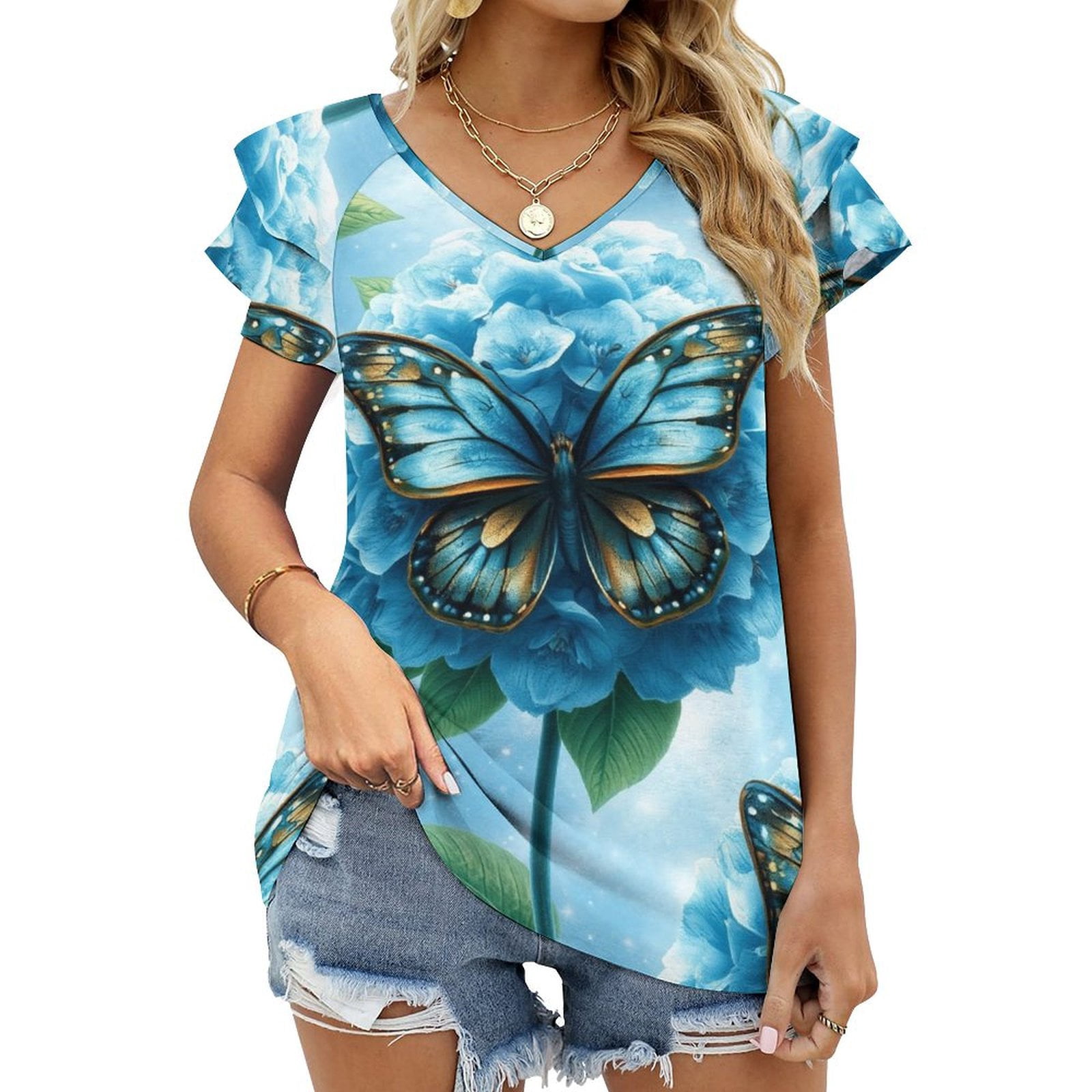 Blue Butterfly Flowers V-Neck T-shirt Summer Women Blouses Loose Tops ...