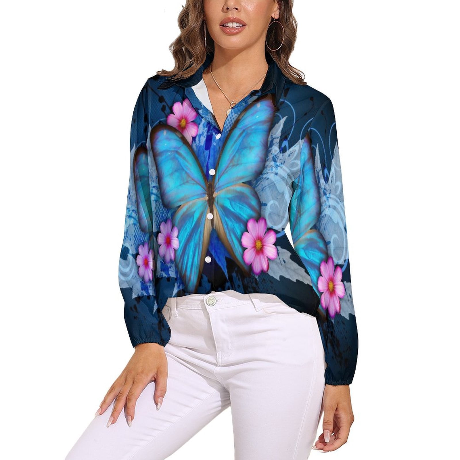 Blue Butterfly Flowers Vntage Casual Long Sleeve Shirt Blouse Woman ...