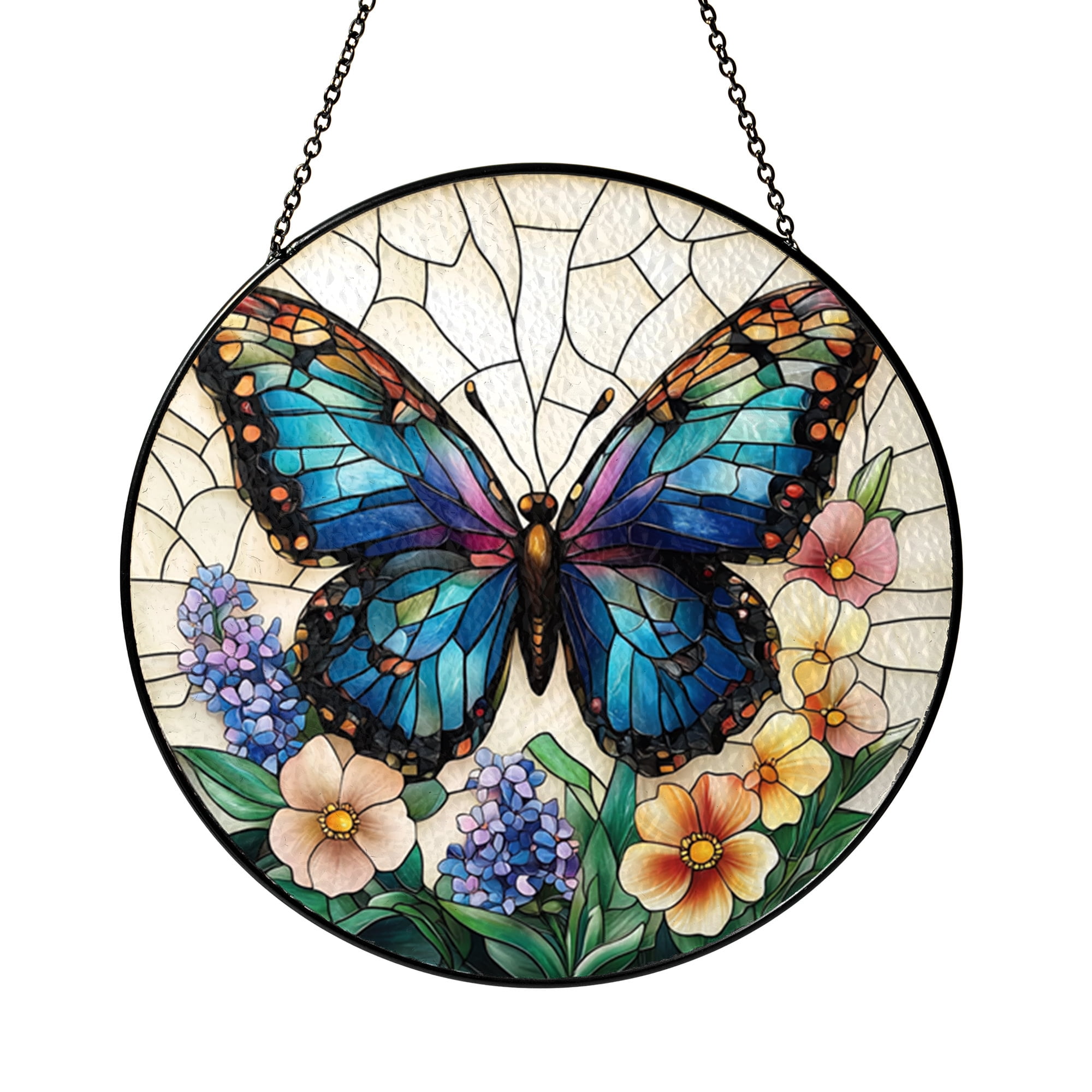 Blue Butterfly Glass Style Suncatcher Window Hanging, Floral Nature Art ...