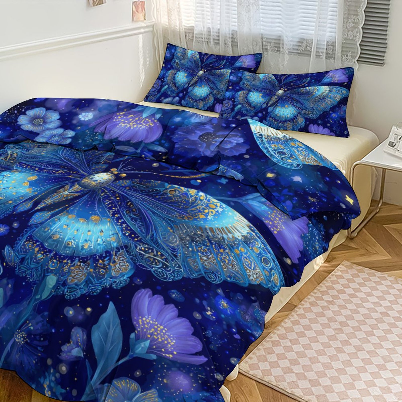 Blue Butterfly Gold Flowers Night Sky Bedding Set with Zipper Closure ...