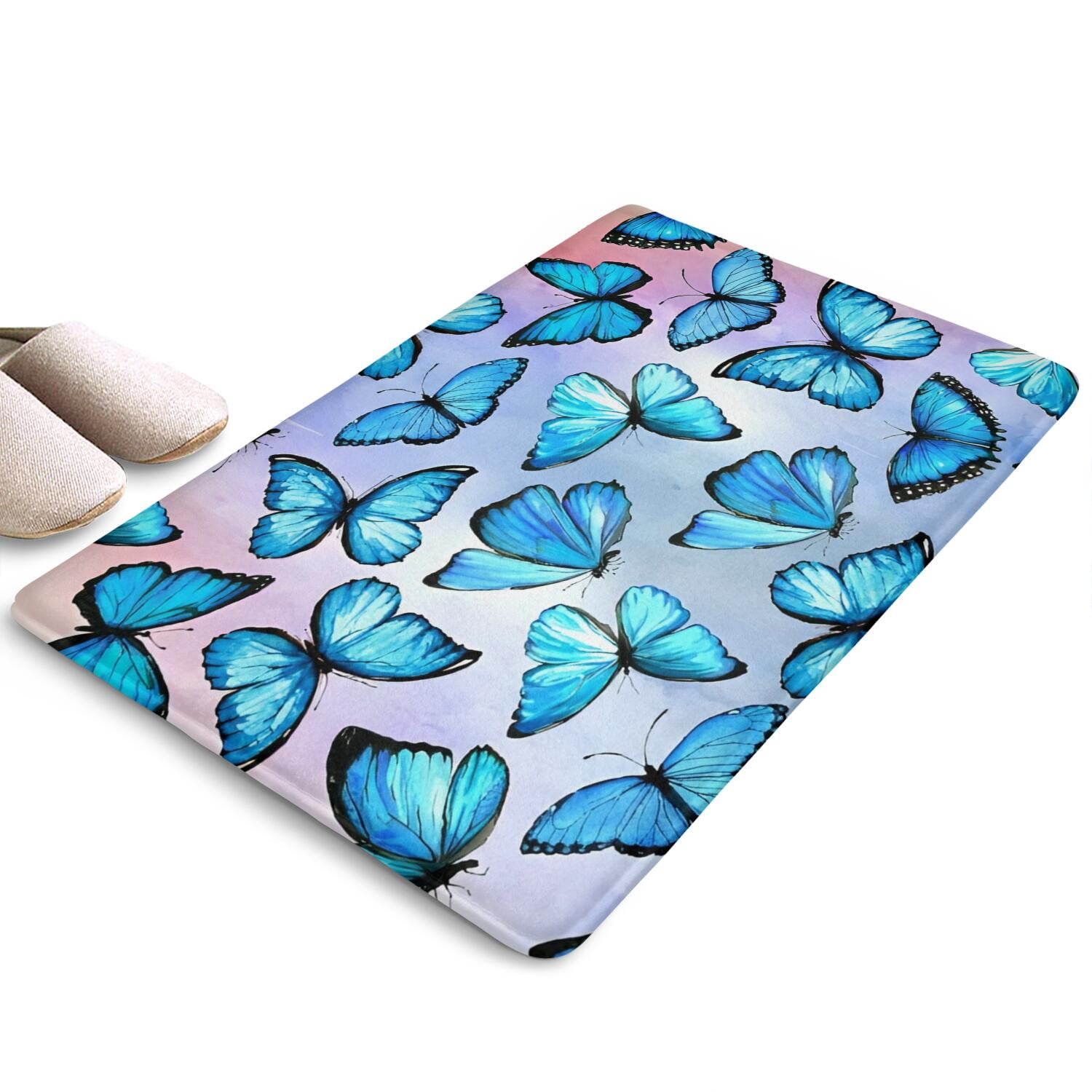 Blue Butterfly Group Pattern Flannel Non Slip Door Rugs,Washable Door ...
