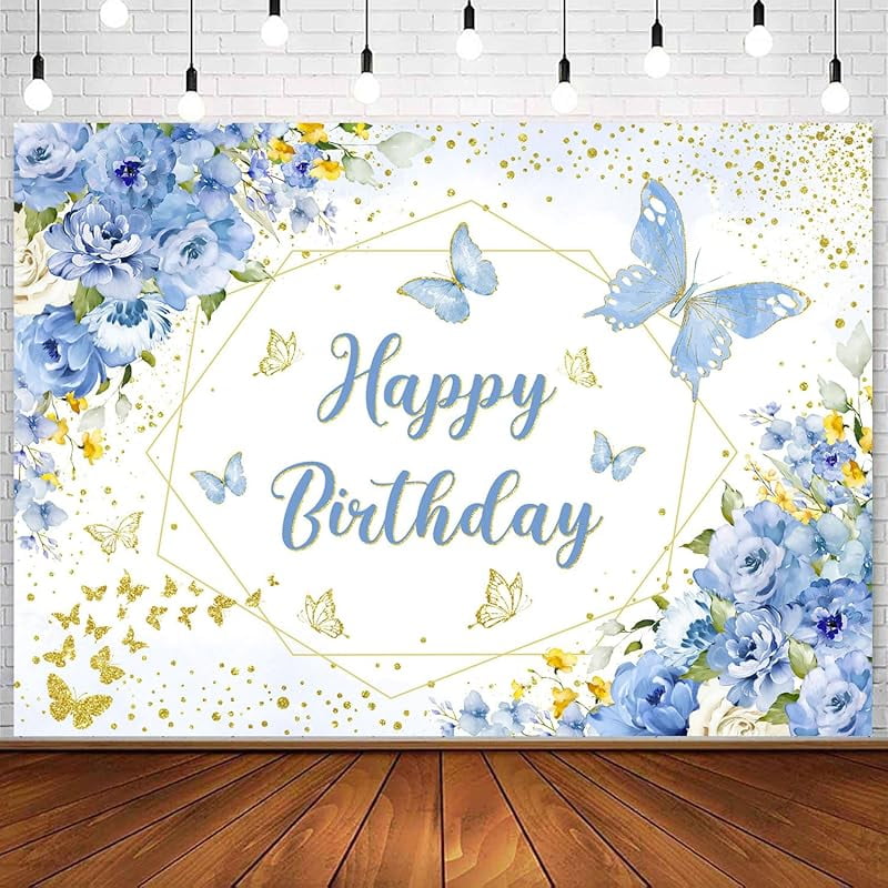 Blue Butterfly Happy Birthday Backdrop for Girls Fairy Princess Floral ...