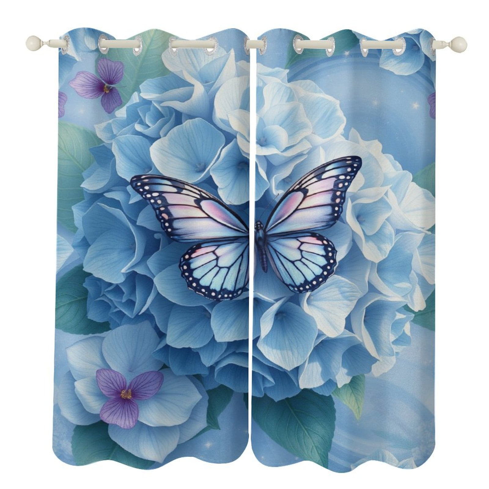 Blue Butterfly Hydrangea Flowers Curtains for Bedroom Living Room ...