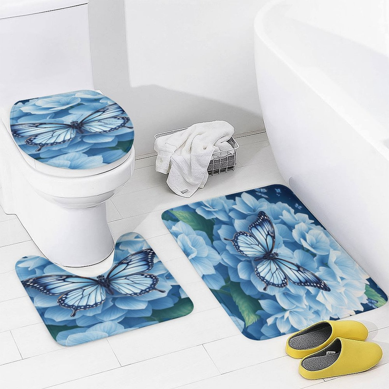 Blue Butterfly Hydrangeas Bathroom Rugs Set 3 Piece with Non-Slip Bath ...