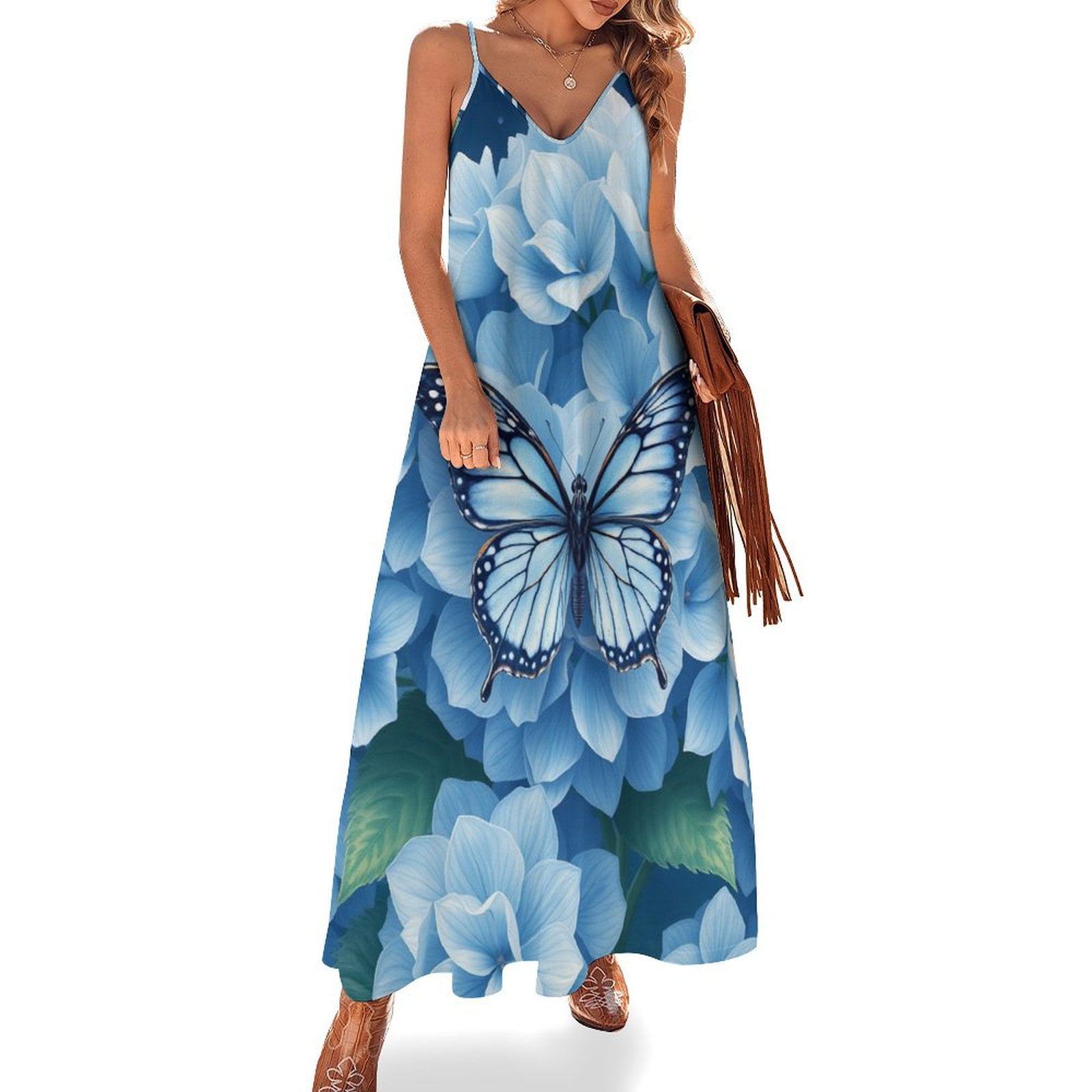 Blue Butterfly Hydrangeas Sleeveless Dress Beach Outfits for Women Luxury Dress Dress Women ...