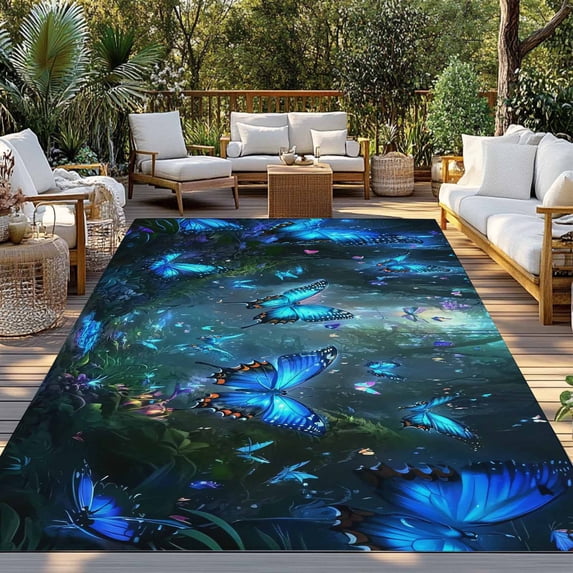 Blue Butterfly Indoor Outdoor Rugs 5x8 Ft, Shiny Dream Flower Forest ...