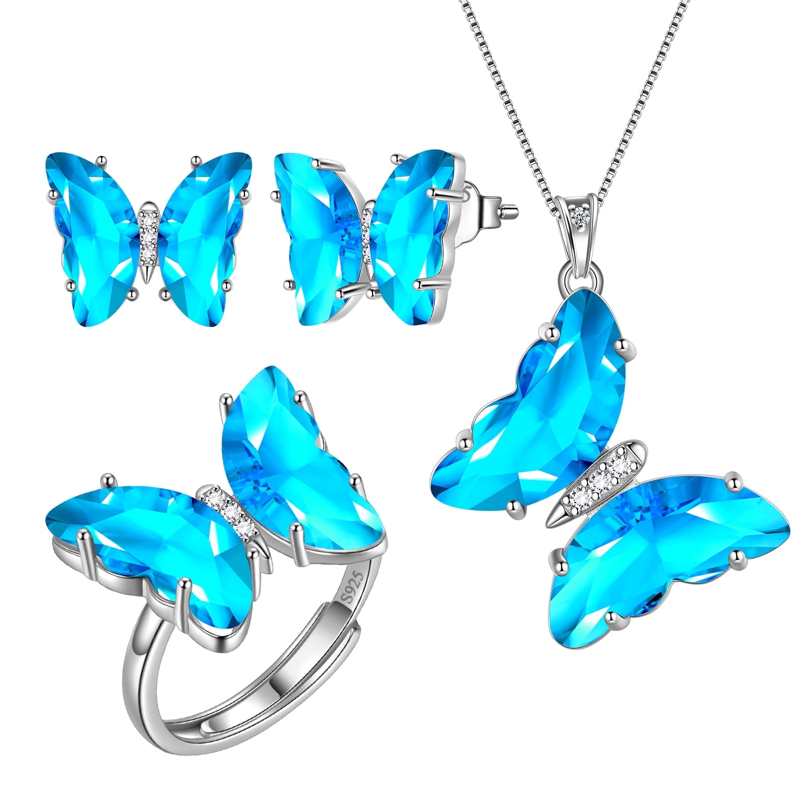 Blue Butterfly Jewelry Sets Earrings/Necklace/Ring, March Birthstone ...