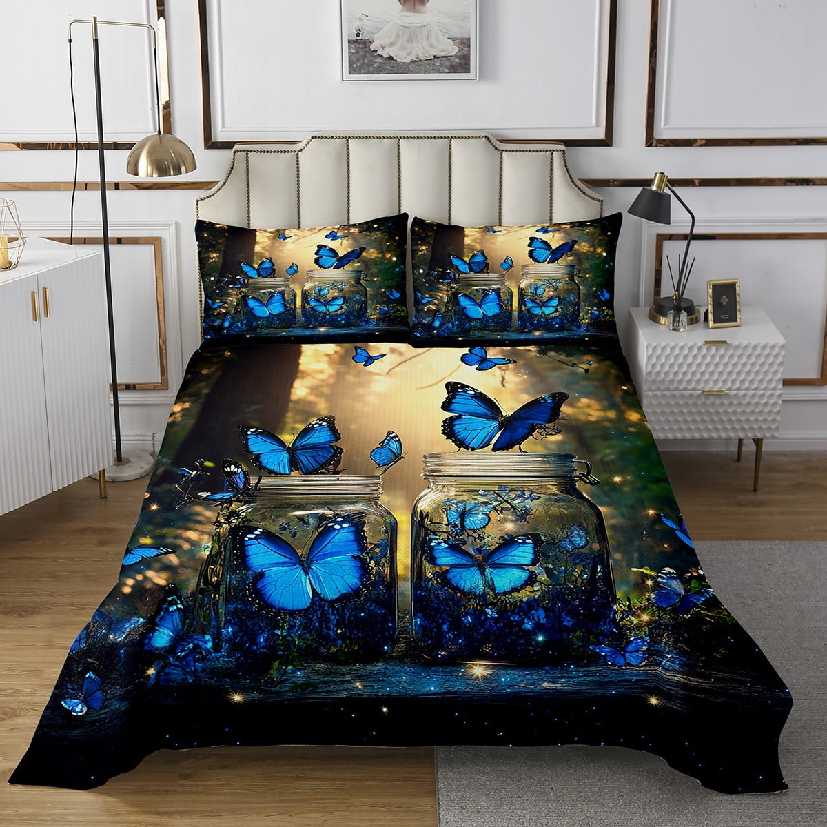 Blue Butterfly King Bedspread for Girls Kids Dreamy Butterfly Quilt Set ...