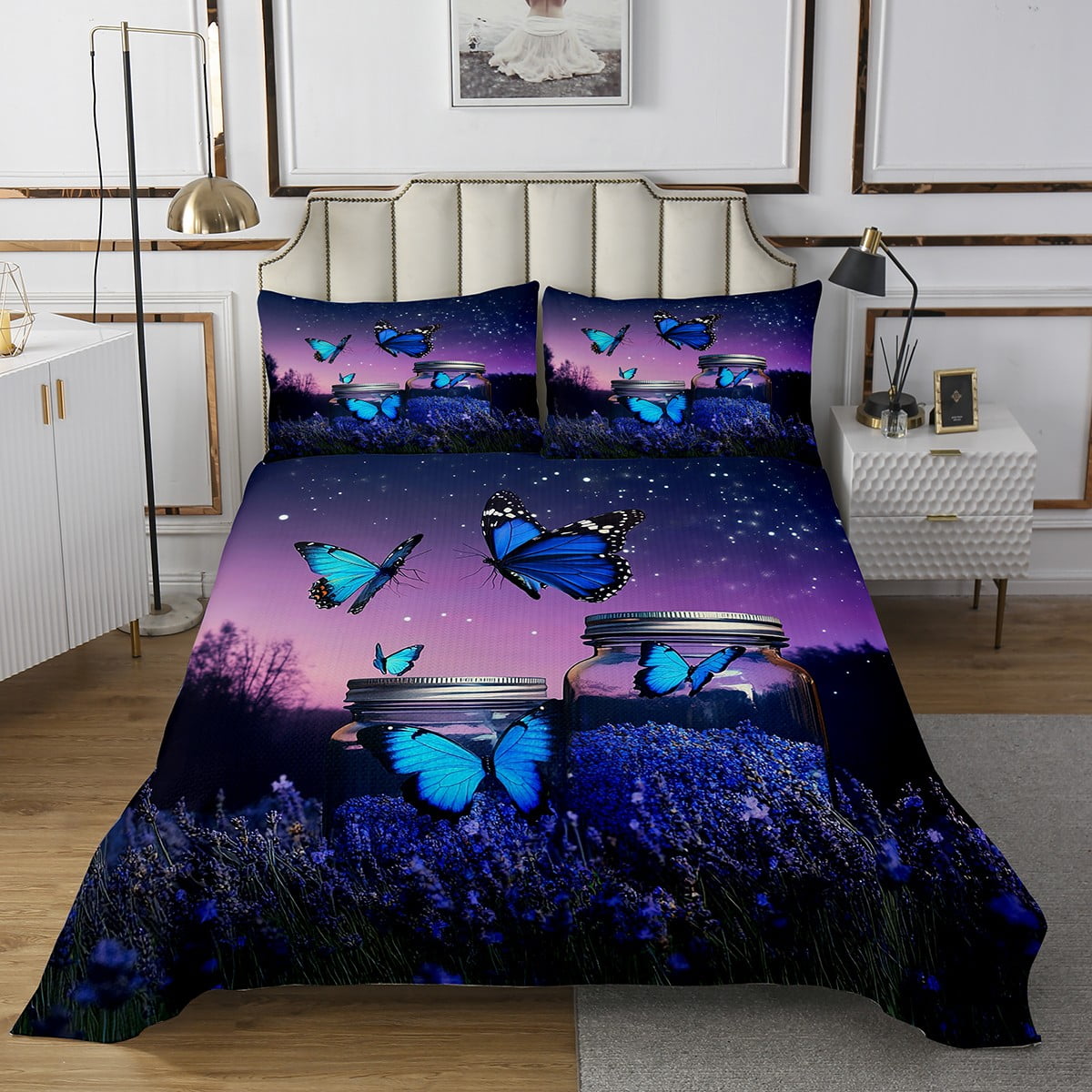 Blue Butterfly King Quilt Set Purple Lavender Bedspread Dreamy Theme ...