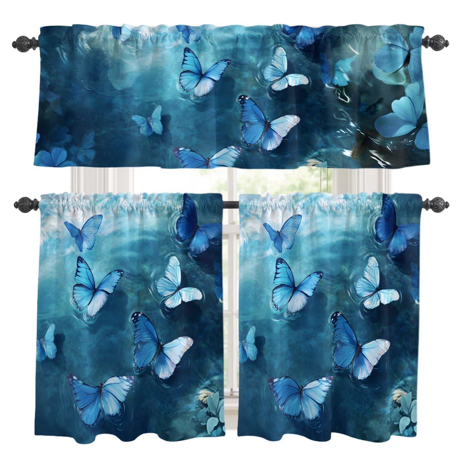 Blue Butterfly Kitchen Curtains Set for Windows, Blue Water Background ...