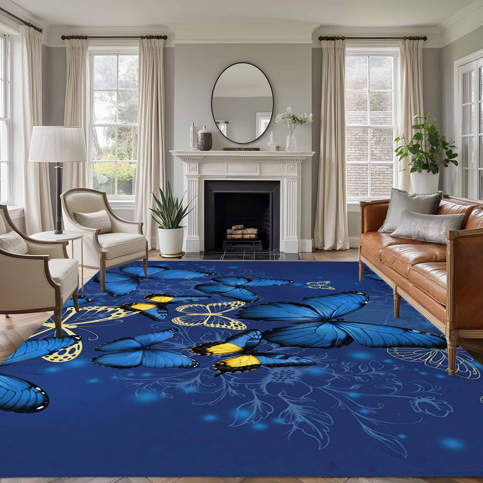 Blue Butterfly Large Area Rug 8x10 FT, Non Slip Living Room Throw ...