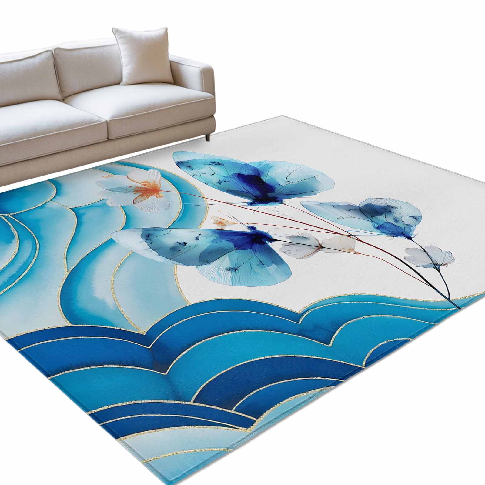 Blue Butterfly Large Area Rugs 8x10ft Watercolor White Flowers Ocean ...