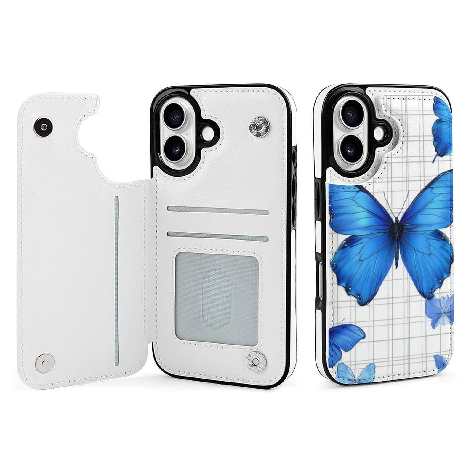 Blue Butterfly Leather Wallet Case for iPhone 16 15 14 13 12 11 Pro Max Wallet Case Card Holder ...