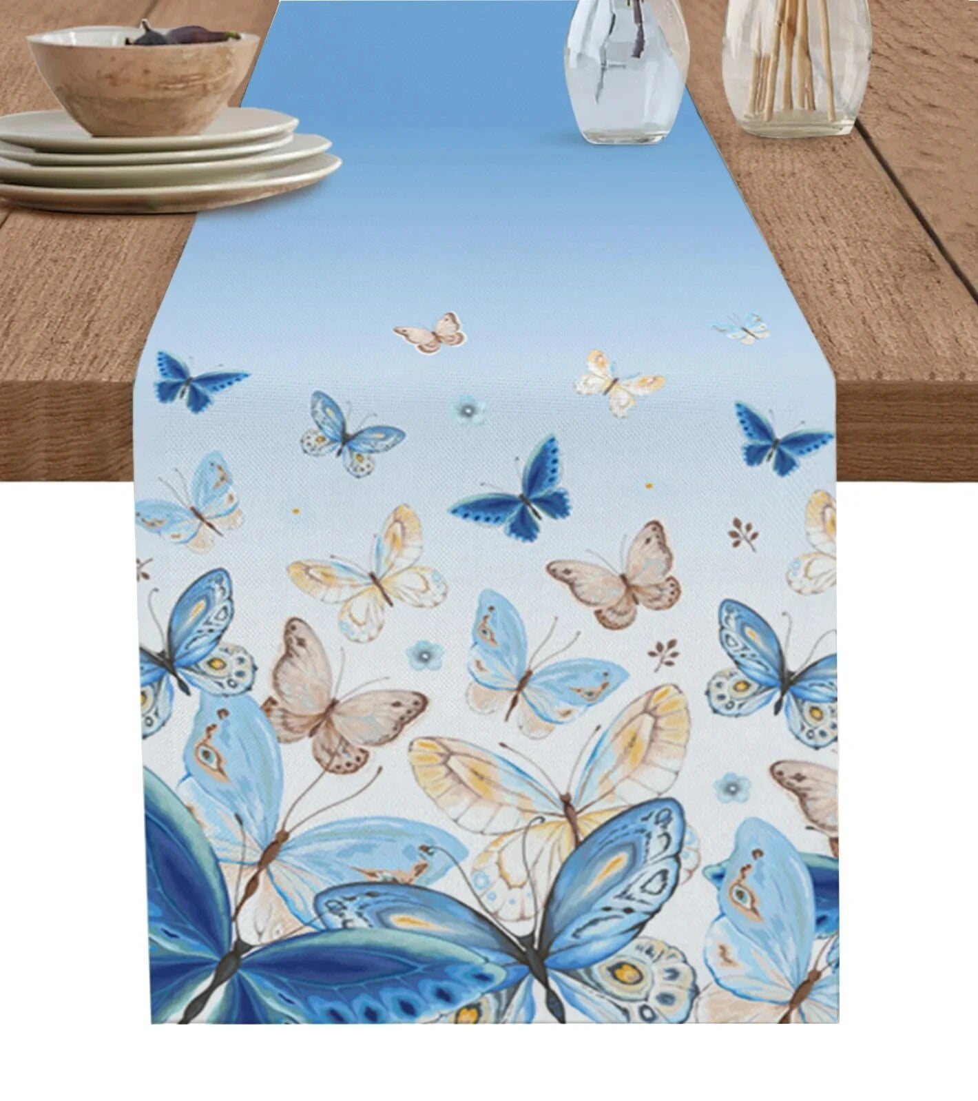 Blue Butterfly Linen Table Runners Spring Summer Theme Dresser Scarf ...