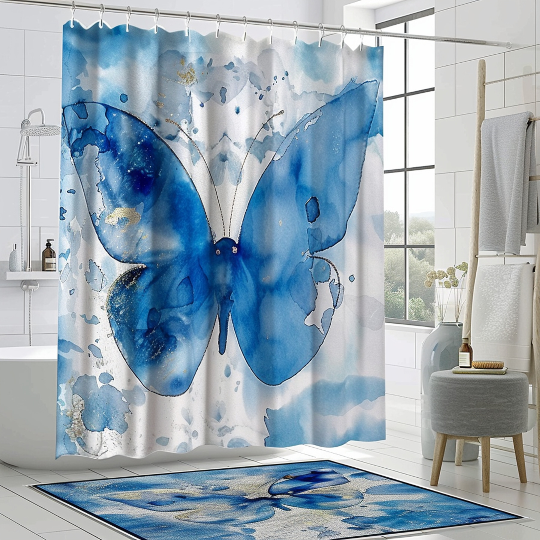 Blue Butterfly Marble Print Shower Curtain Modern White & Gray Bathroom ...