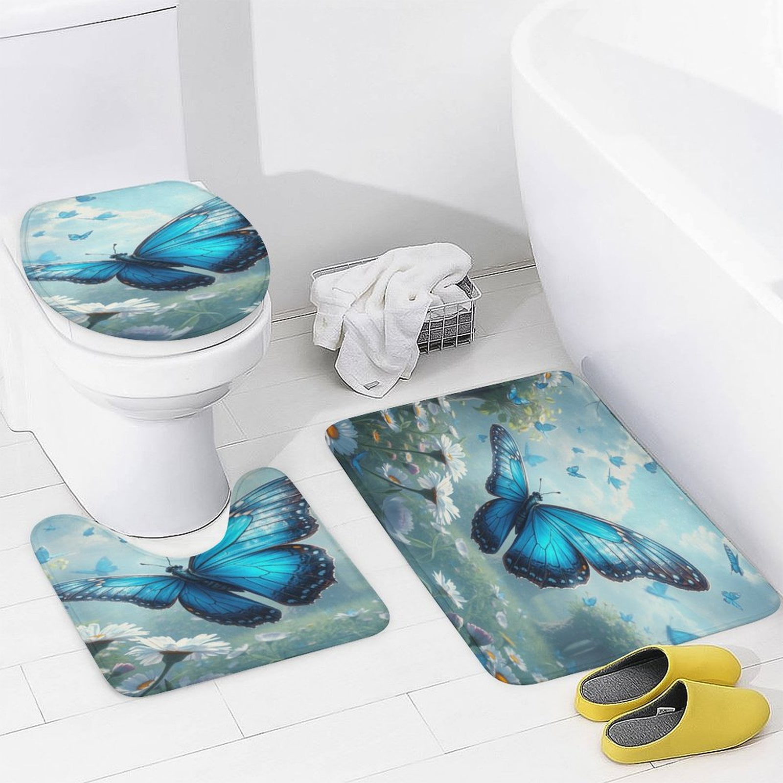 Blue Butterfly Meadow Dream Bathroom Rugs Set 3 Piece with Non-Slip ...