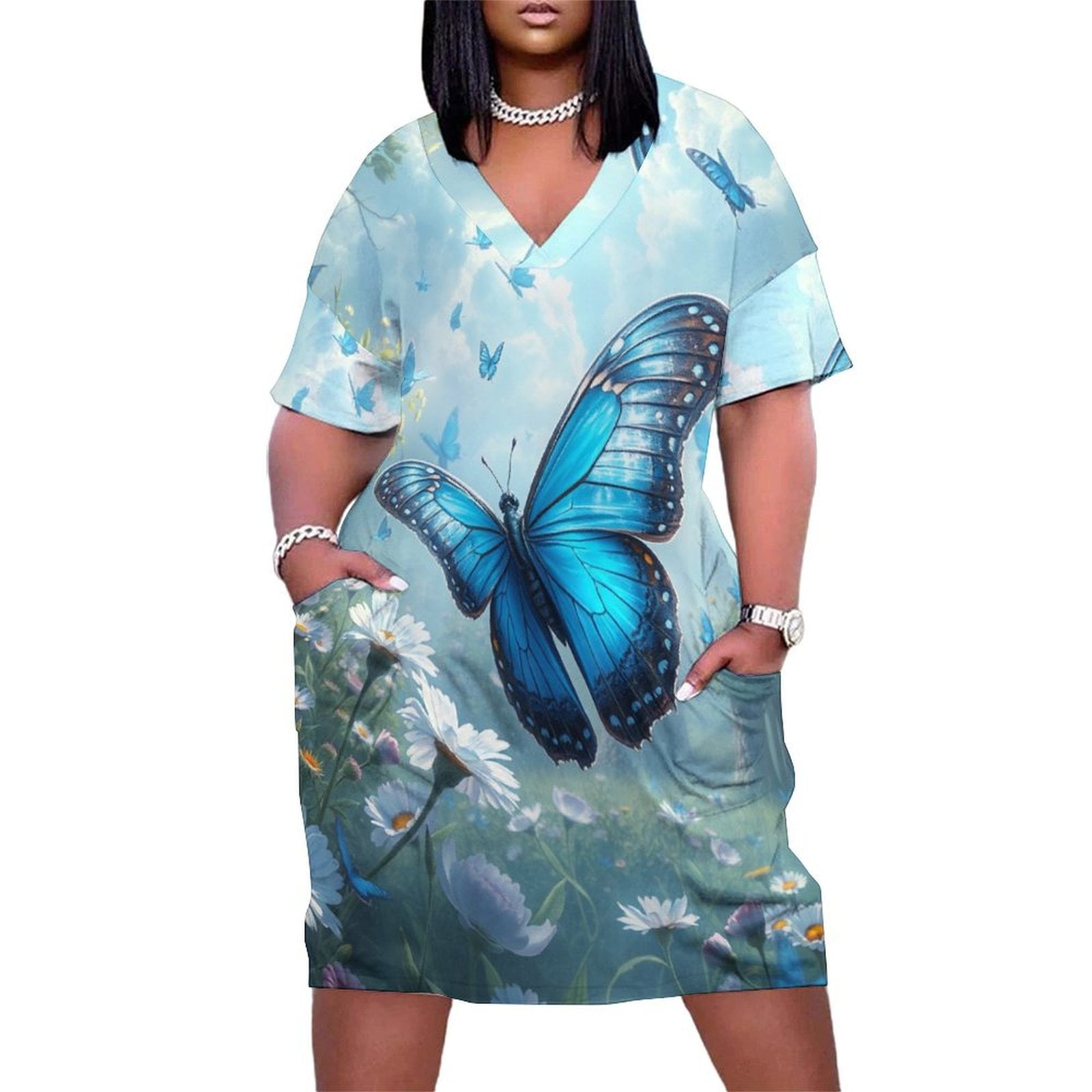 Blue Butterfly Meadow Dream Dress Loose Pocket Dress Women Clothing 2025 New Arrivals Elegant ...