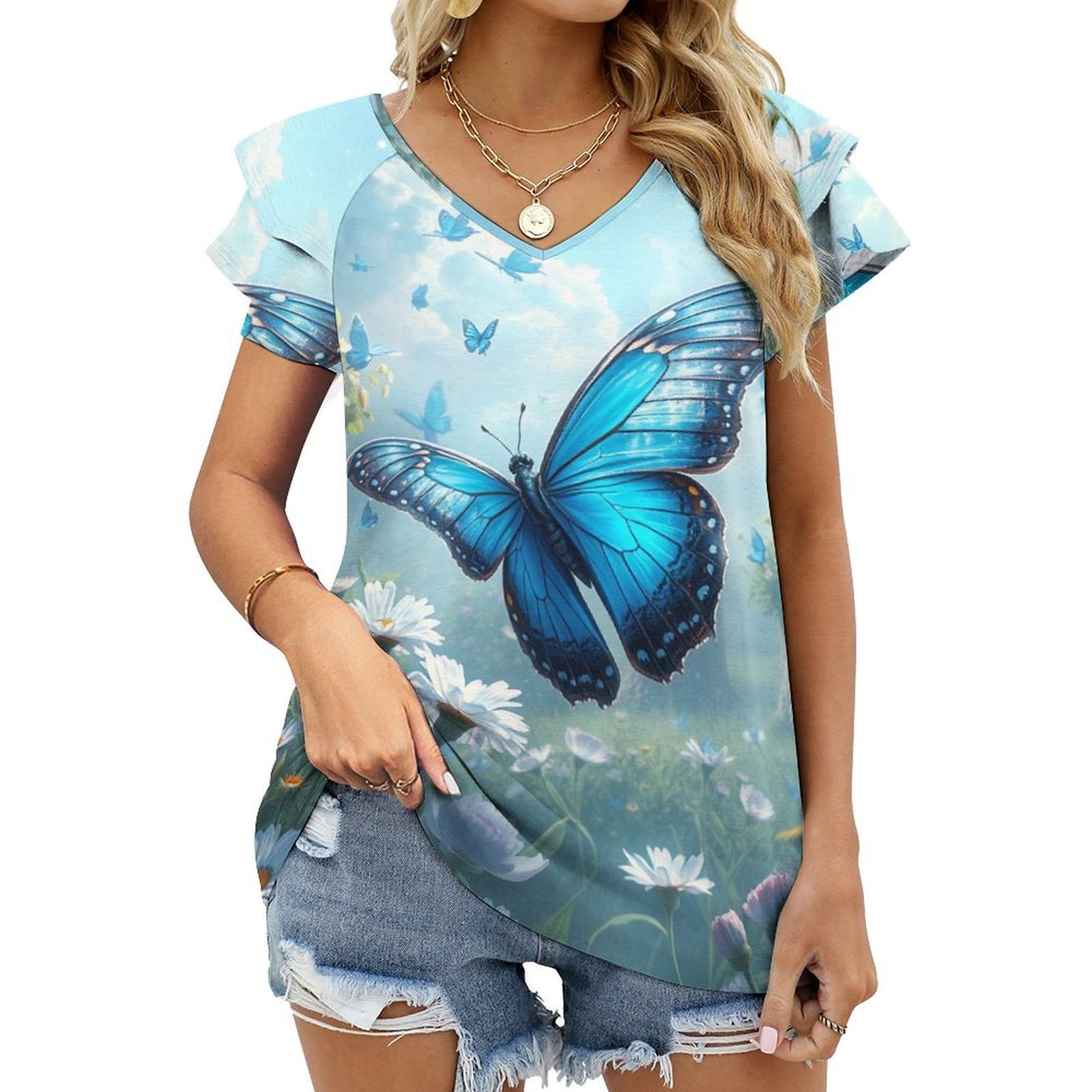 Blue Butterfly Meadow Dream Lotus Leaf Neck T-Shirt Long Sleeve Women's T Shirt Elegant Fashion ...