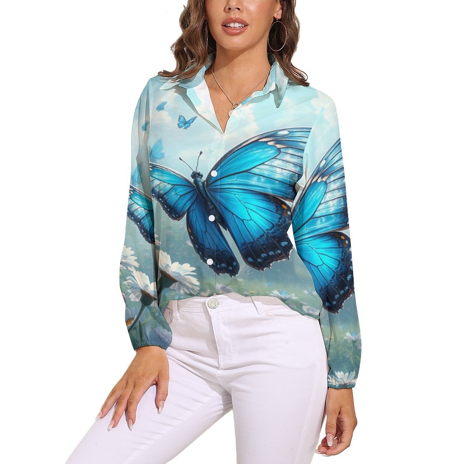 Blue Butterfly Meadow Dream Women Long Sleeve Shirts Clothing Autumn Tops Shirts Ladies ...