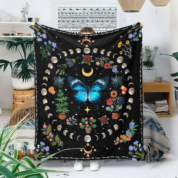 Blue Butterfly Moon Flower Fleece Throw Blanket, Botanical Floral Plant ...