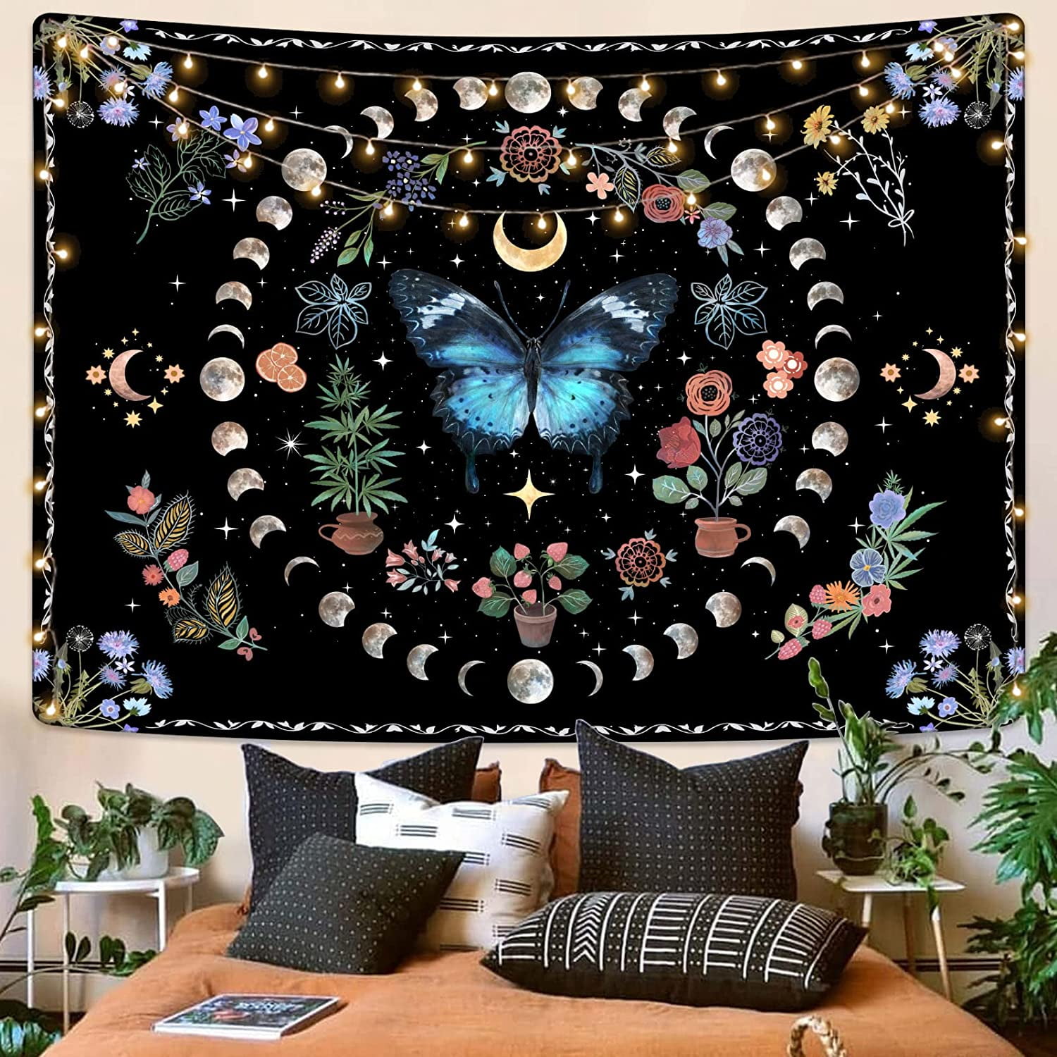 Blue Butterfly Moon Flower Tapestry Boho Floral Plant Tapestries for ...