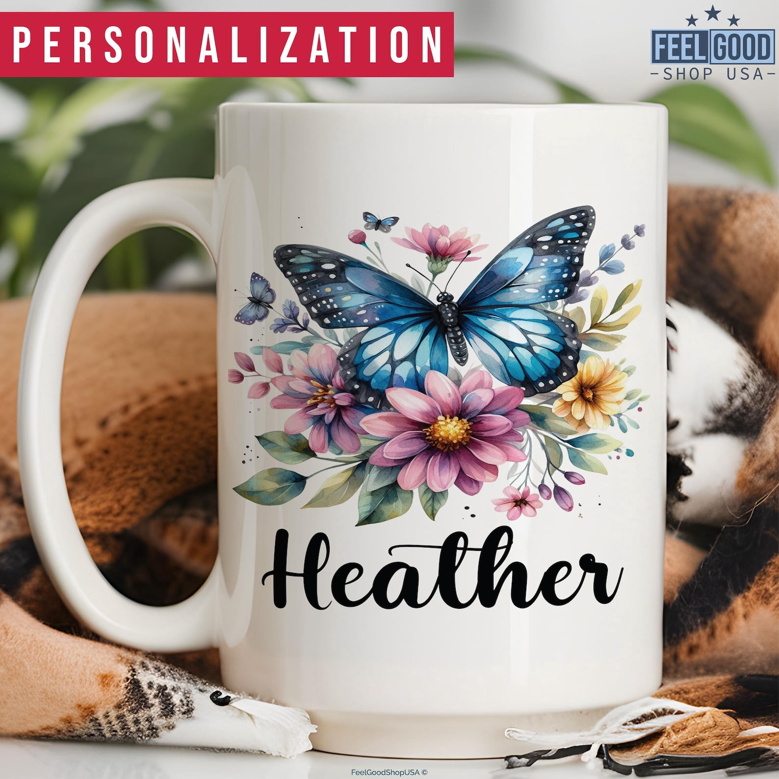 Blue Butterfly Mug Personalized Butterfly Gift, Custom Butterfly Cup ...