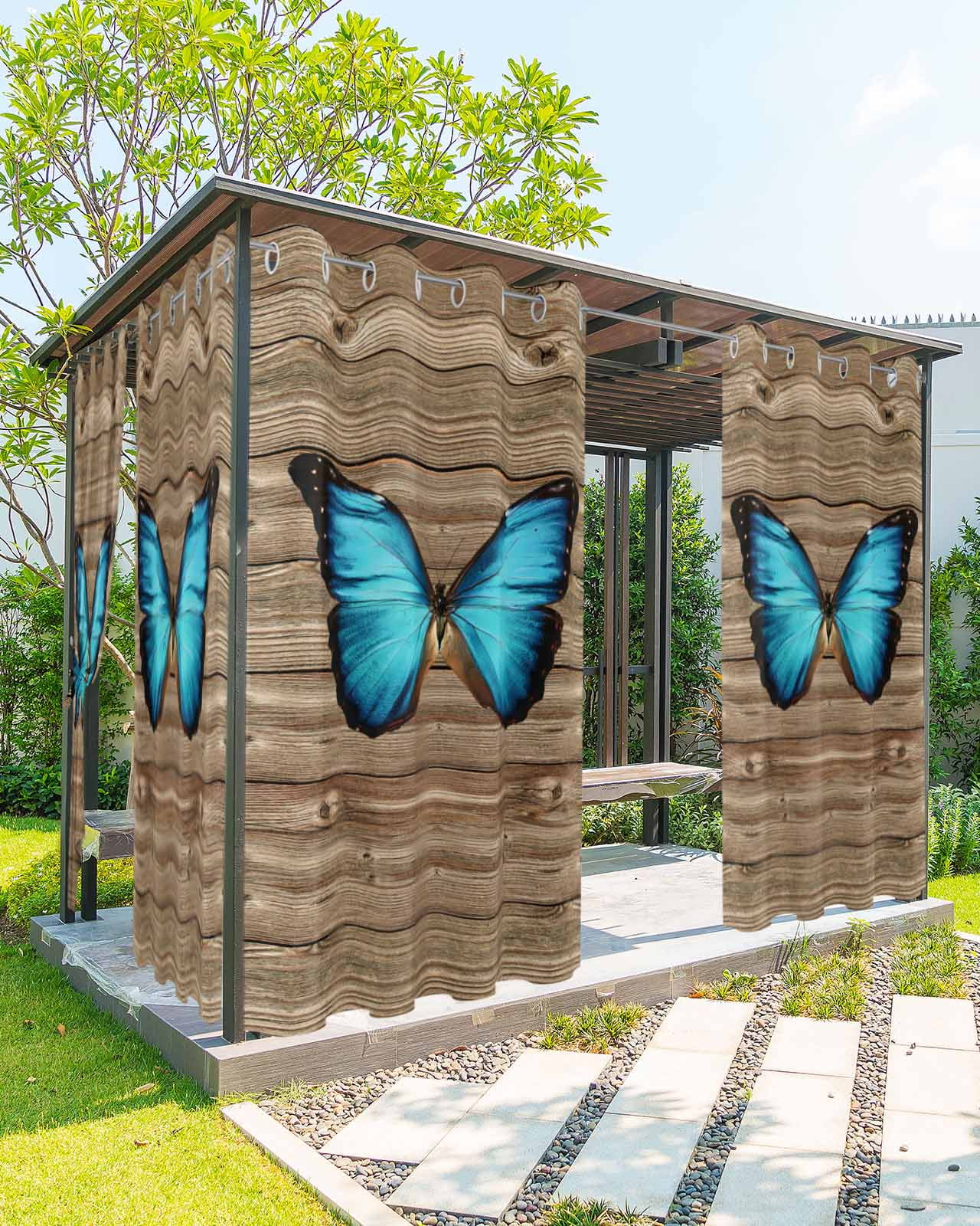 Blue Butterfly Outdoor Curtains for Patio, Vintage Brown Wood Grain ...