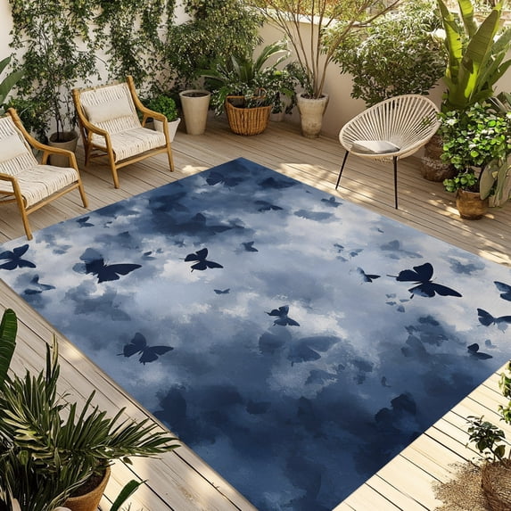 Blue Butterfly Outdoor Rug, Foggy Navy Blue Butterfly Silhouette Non ...
