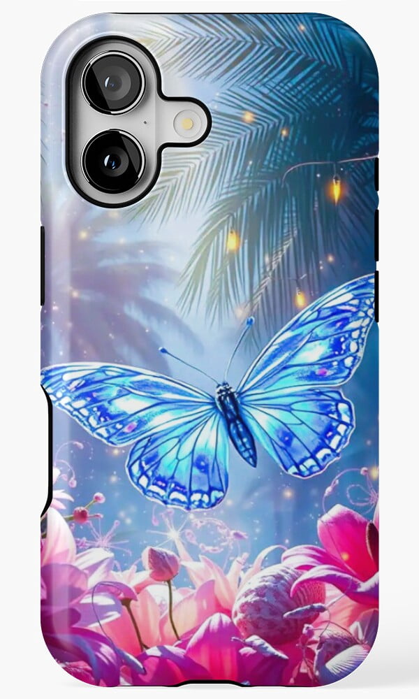 Blue Butterfly Paradise Flowers Phone Case for iPhone 11 12 13 14 15 16 ...