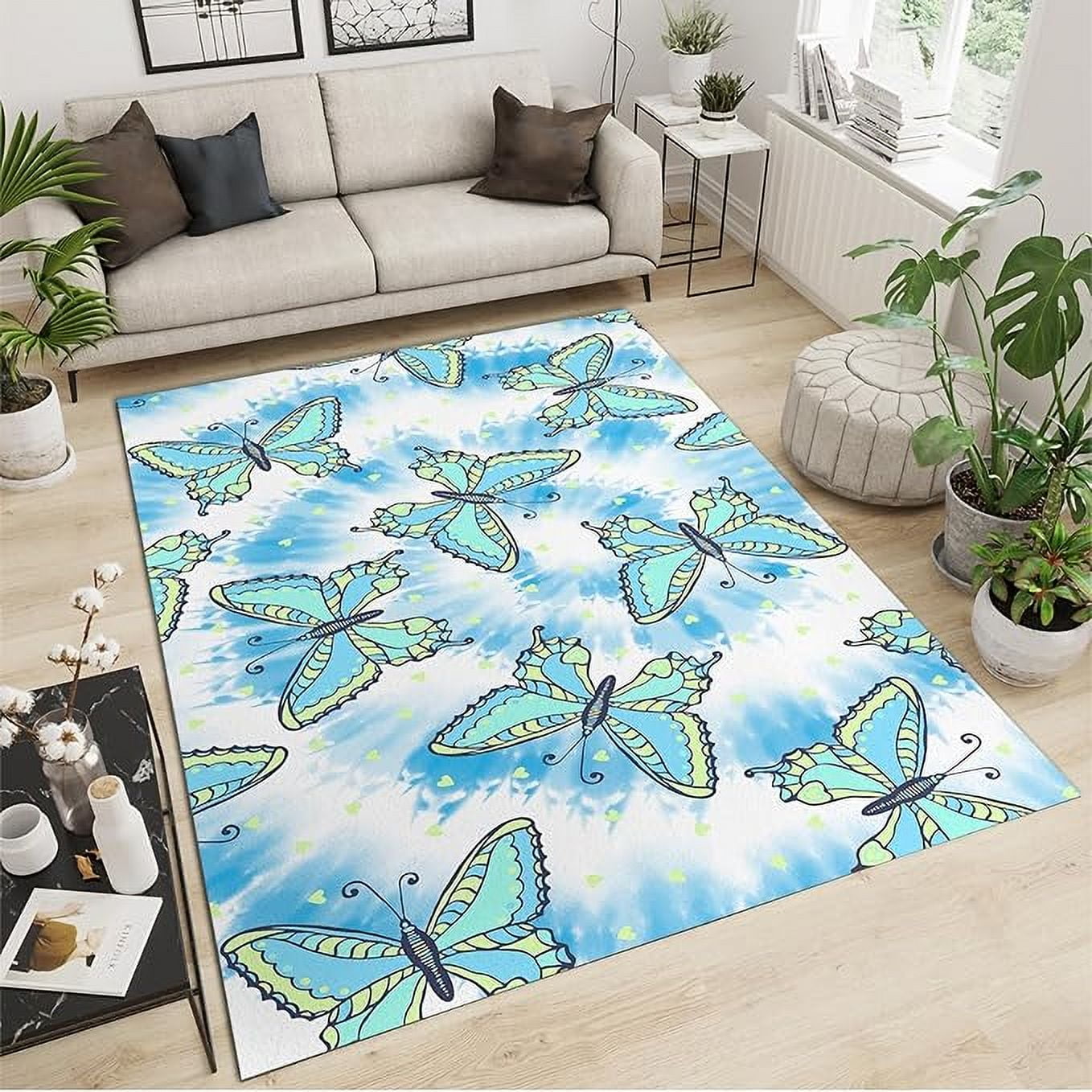 Blue Butterfly Pattern Area Rug, Gradient Blue Tie Dye Washable Rugs ...