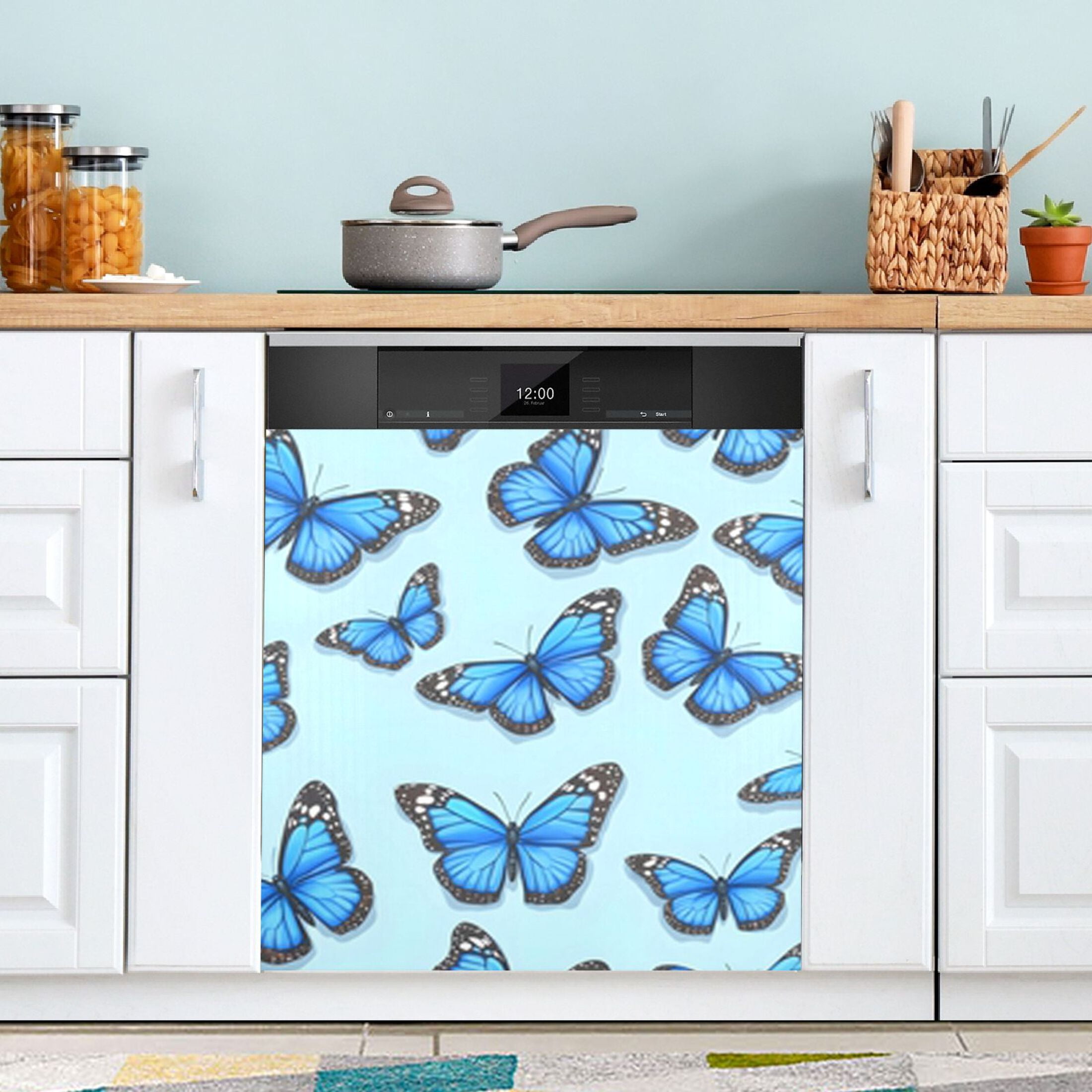 Blue Butterfly Pattern Dishwasher Magnet Cover Reuseable Refrigerator ...