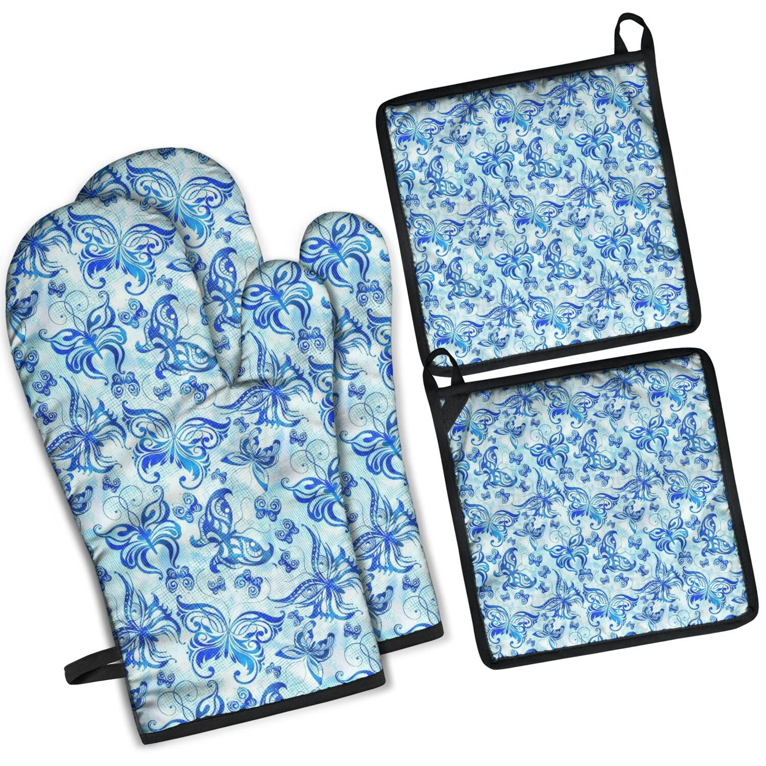 Blue Butterfly Pattern Kitchen Oven Mitt and Pot Holder Sets 4 Pcs for ...