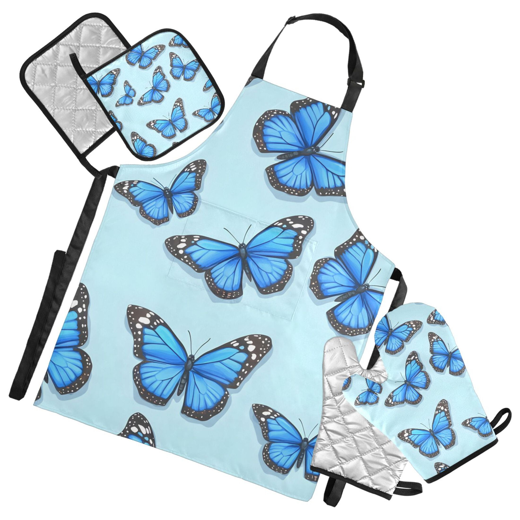 Blue Butterfly Pattern Oven Mitts and Pot Holders with Chef Apron Set 5 ...