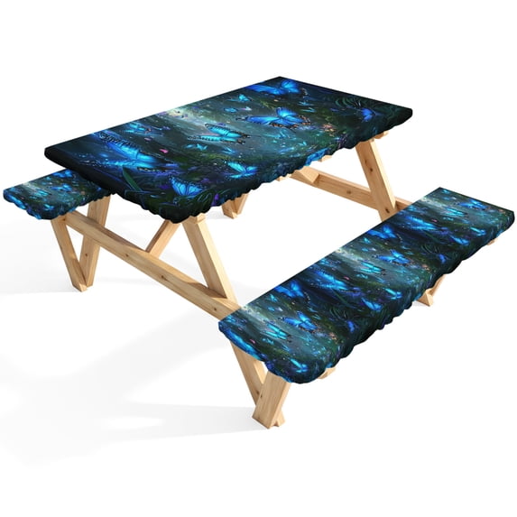 Blue Butterfly Picnic Table Cover with Bench Covers Shiny Dream Flower ...
