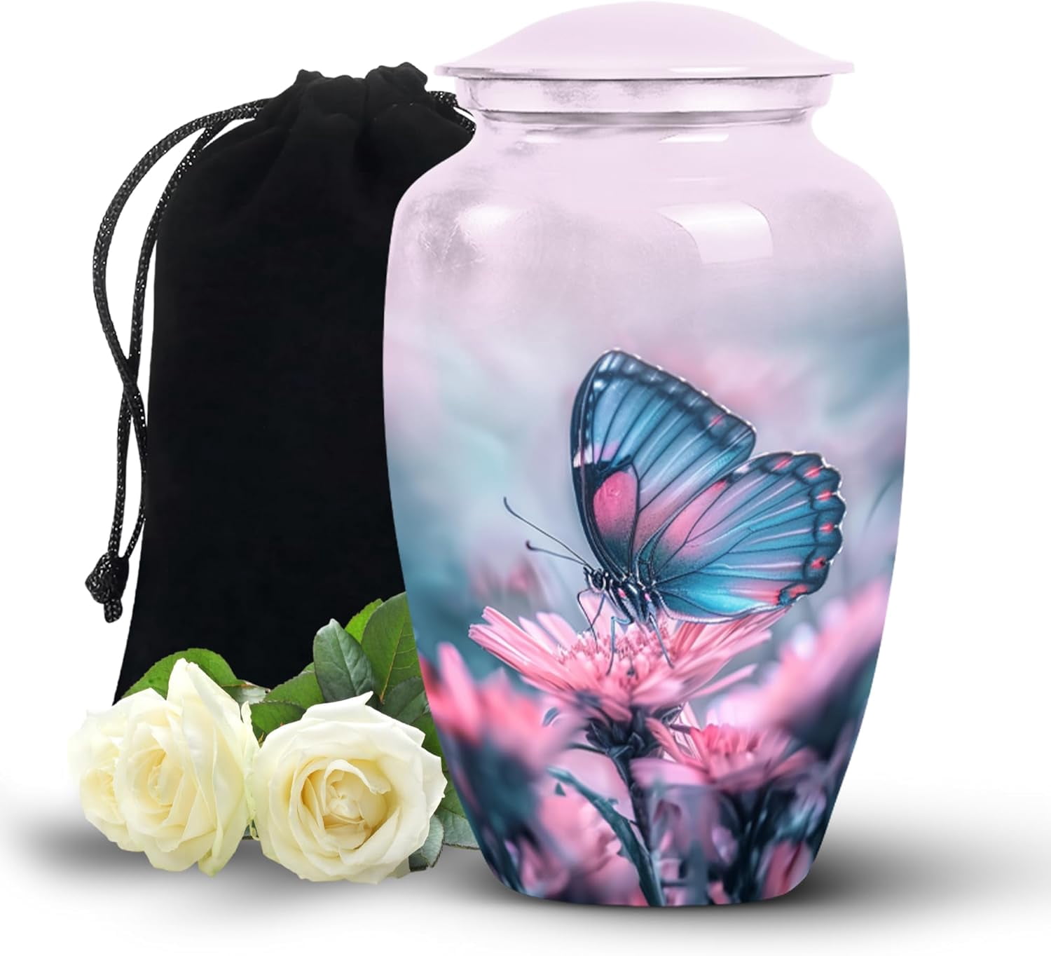 Blue Butterfly & Pink Blossoms Urn - 10 Inch Large Cremation Keepsake ...