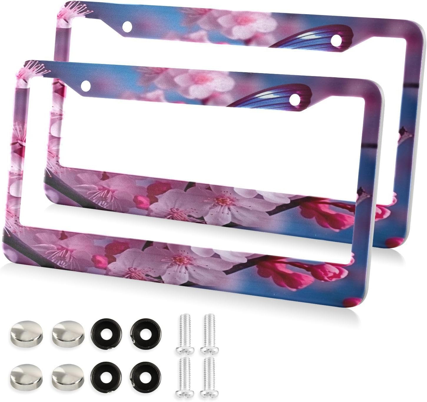Blue Butterfly Pink Flowers License Plate Frame, Aluminum Car Tag ...
